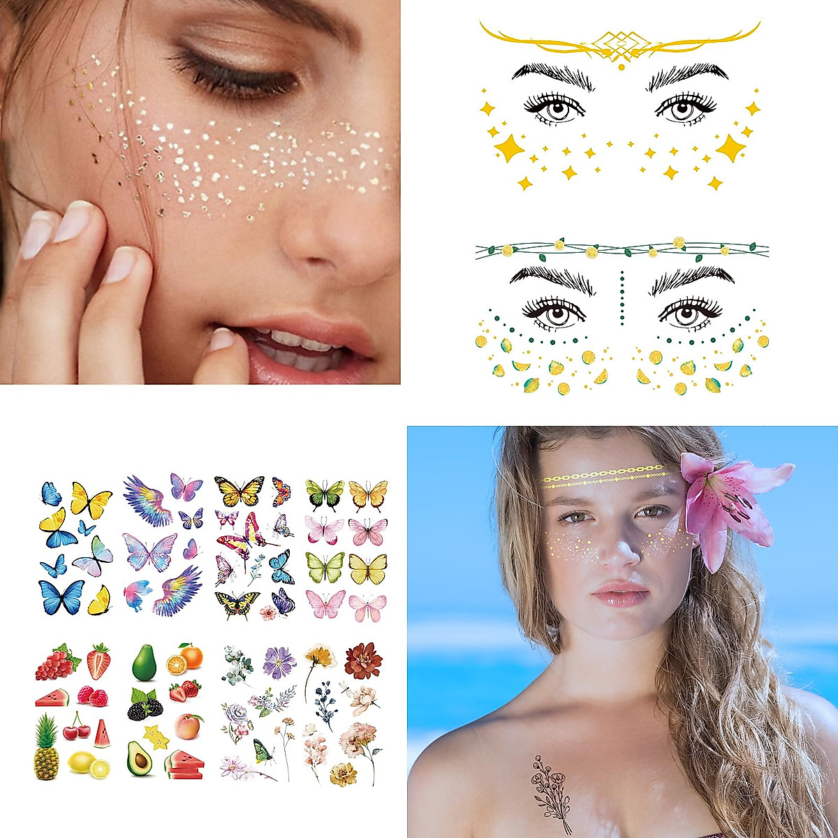 JEEFONNA 60 Sheets Face Temporary Tattoos, Metallic Fake Tattoos for Women, Men, Kids, Waterproof, Festival, Cosplay, Halloween