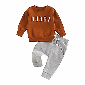Infant Baby Boy Fall Winter Outfits Long Sleeve Letter Print/Cow Sweatshirt Top Solid Color Pants Set 2PCS Baby Clothes Set (Brown, 18-24 Months)
