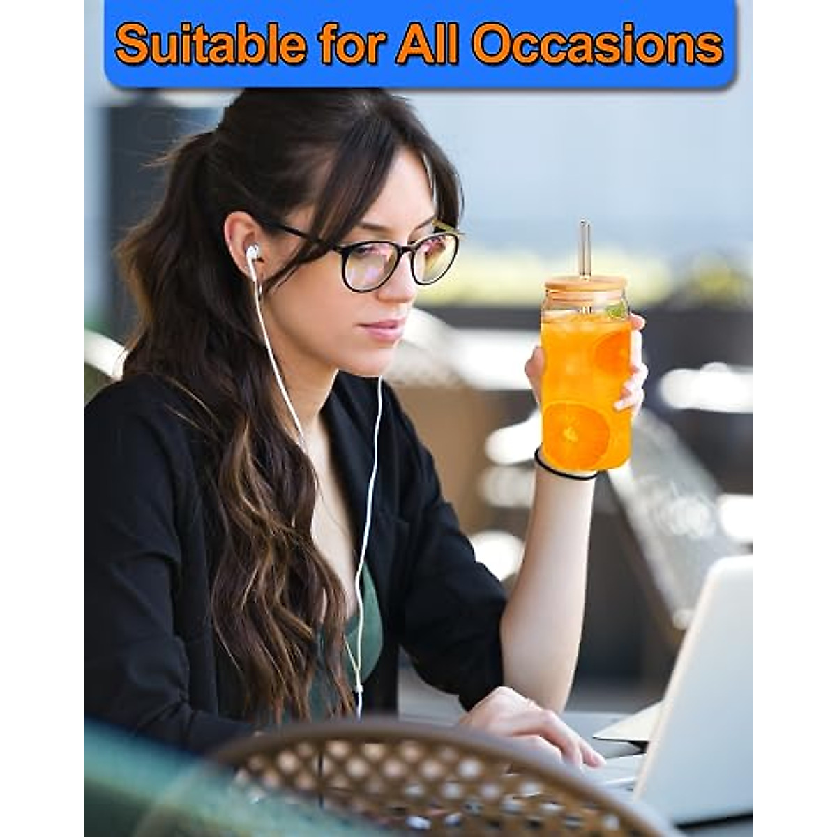 Yooler Glass Cups with Lids and Straws - 16oz Can Shaped Drinking Beer Glasses, Iced Coffee Cups, Cute Glass Tumbler with Straw and Bamboo Lid, Ideal for Cocktail, Whiskey, Gift (Set of 4)