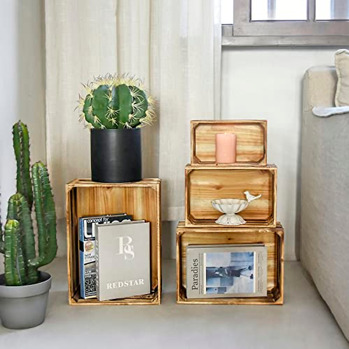 MACVAD Set of 4 Large Torched Wood Decorative Storage Crates, Nesting Wooden Crates for Display Rustic, Farmhouse Wooden Storage Container Boxes Made from 100% Wood