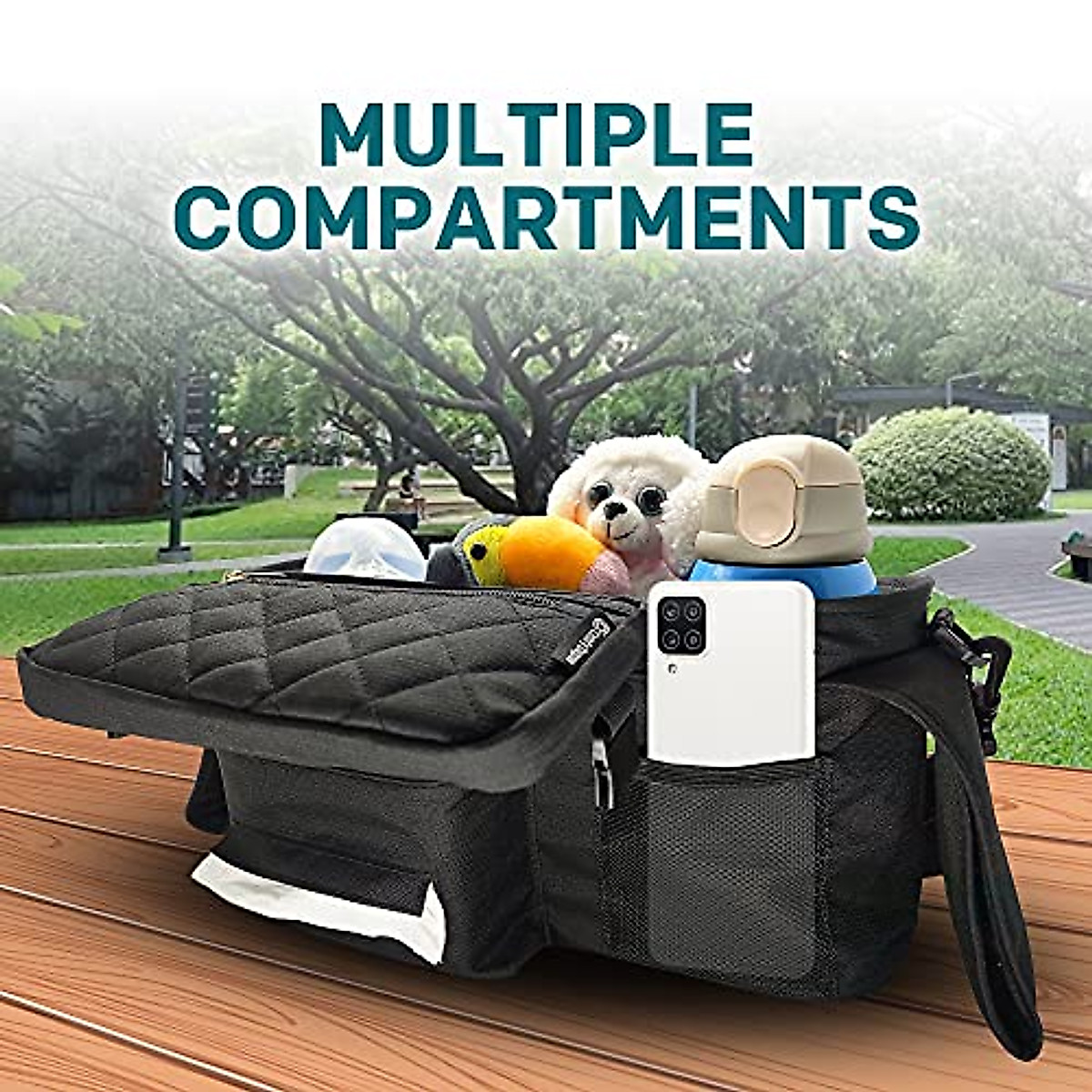 ComfyDegree Universal Baby Stroller Organizer Anti-Slip Detachable Pouch Bag Insulated Bottle Cup Holders Tissue Compartment, Secured Straps, Pockets for Diaper, Phone, Keys, Toys (Black)