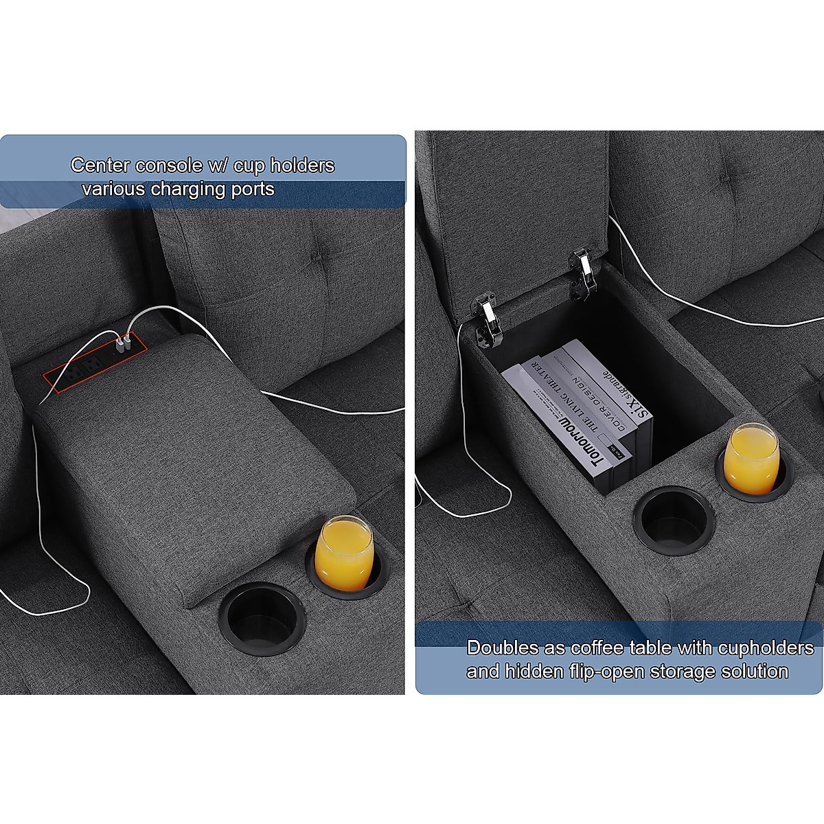 asunflower Modular Fabric Sectional Sofa Ottoman Set, L Shape Sofa Couch with Console, Cup Holder, Charging Ports Convertible Sectional Couch for Living Room Apartment