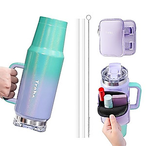 Trebo 40oz Tumbler with Handle and Straw Lid, 2-in-1 Lid,Insulated Stainless Steel Mug Water Bottle with Small Pouch,Reusable Metal Travel Coffee Cup Flask Cup Holder Friendly,Keep Cold Hot, Purple