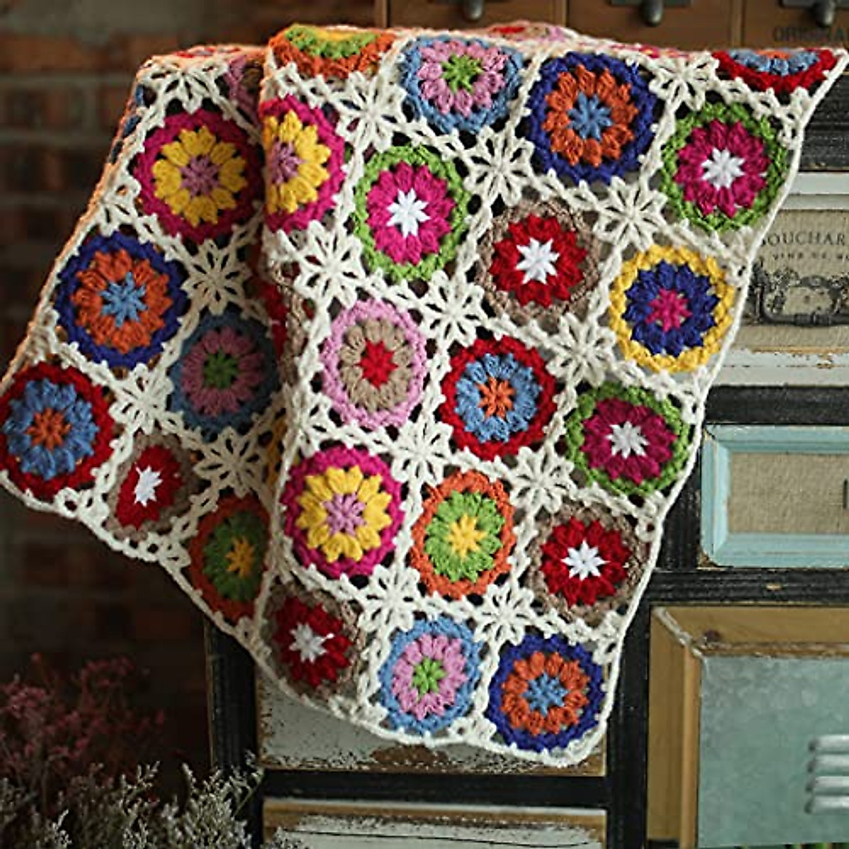 hahawali Crochet Blanket, Woven Blanket, Sofa Blanket Boho Handmade Crochet Sofa Throw Blanket Colorful Flower Sweater Style Mat Decor, 80x60