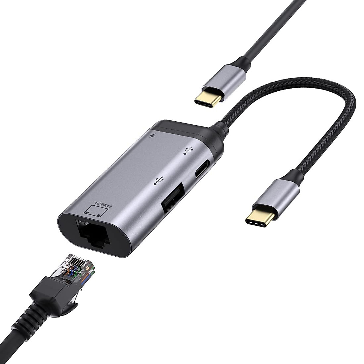 ABAZAR 4-in 1 USB C to Ethernet Adapter with USB Port, and 65W Power Delivery, Network LAN Converter 10/100/1000 Mbps for MacBook Pro, iPad Pro 2018 and Later, XPS, Nintendo Switch