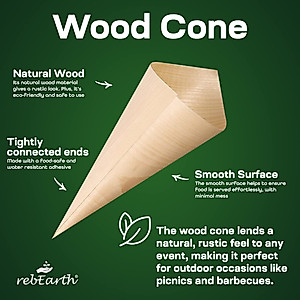 rebEarth Disposable Wood Cones - Heat Resistant Cones for Charcuterie Food, Appetizers & Snacks - Pinewood Cone Cups for Party Food Display, Alternative to Plastic - Small Wooden Cones 7.25" 100 Count