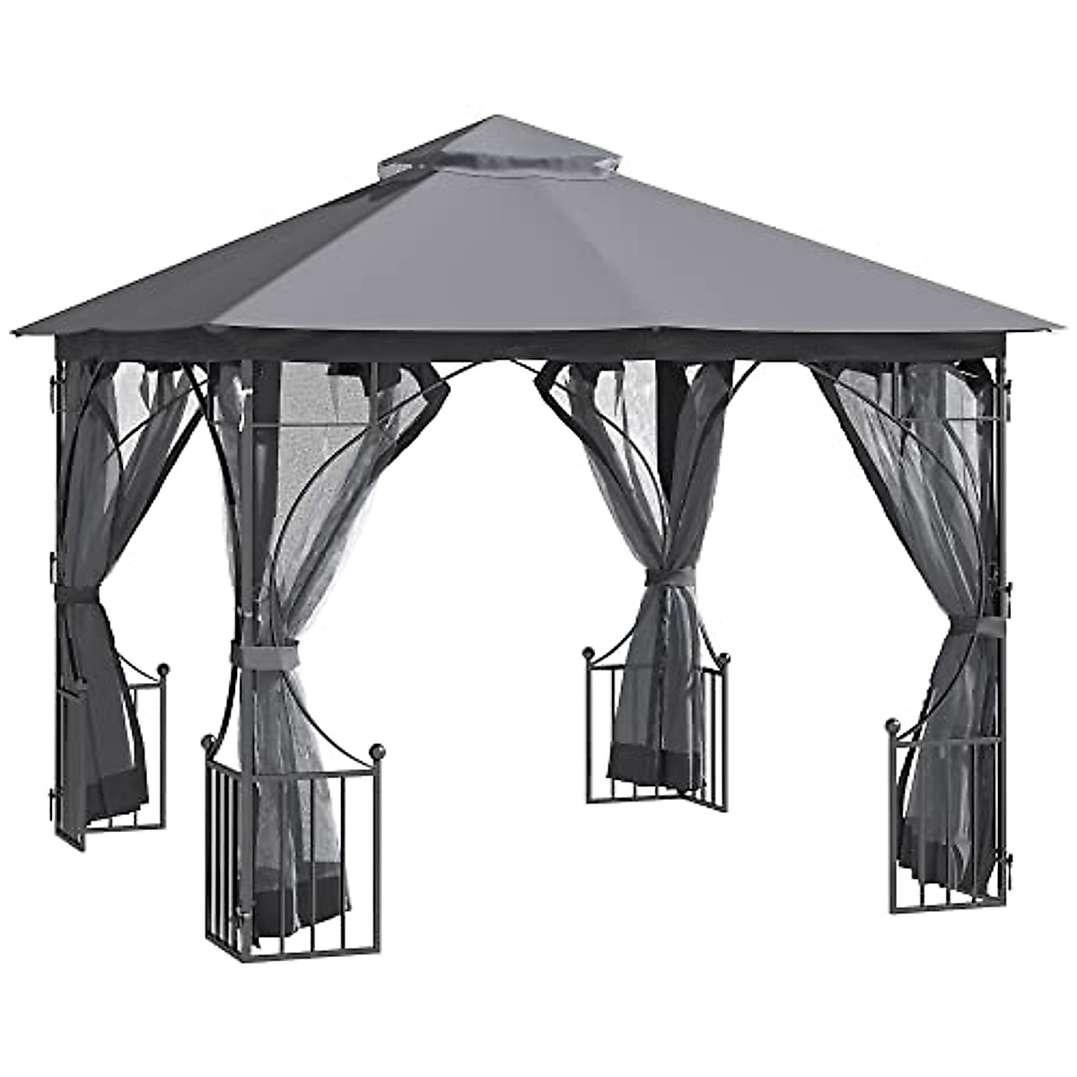 Outsunny 10' x 10' Patio Gazebo, Double Roof Outdoor Gazebo Canopy Shelter with Netting, Steel Corner Frame for Garden, Lawn, Backyard and Deck, Dark Gray