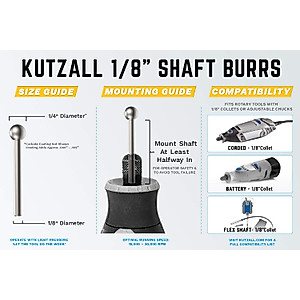 Kutzall Original Sphere Rotary Burr, 1⁄8" Shaft, Fine - Woodworking Attachment for Dremel, Foredom, DeWalt, Milwaukee Tools. Abrasive Tungsten Carbide Coating, 3⁄8" (9.5mm) Head Diameter, S-38-EG