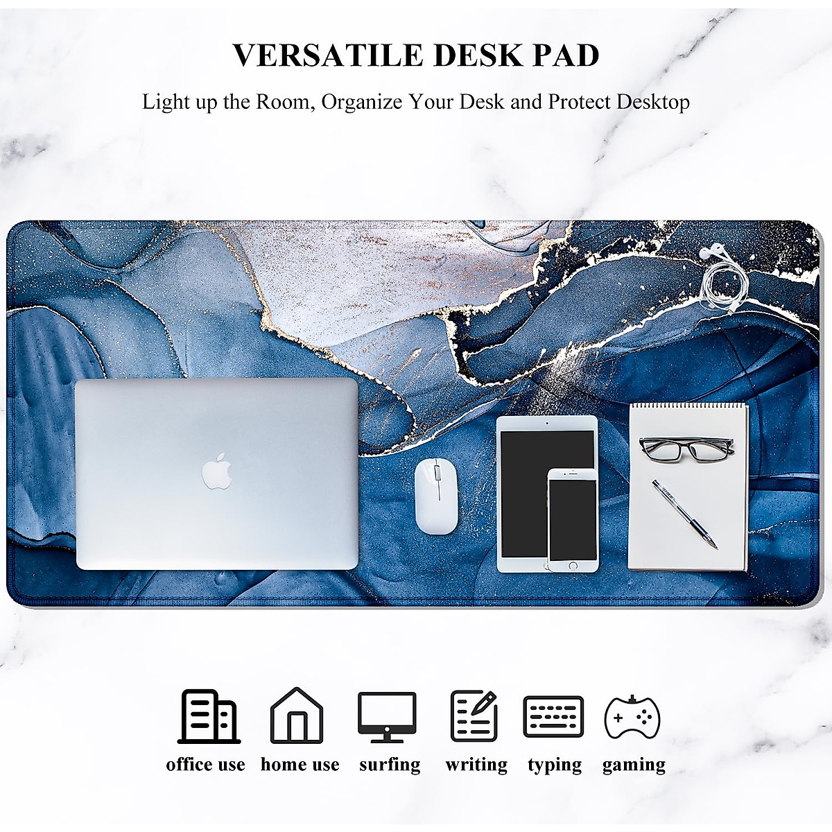 Auhoahsil Large Mouse Pad, XXL Desk Pad, Extened Mousepad 31.5" x 11.8", Non-Slip Rubber Base, Stitched Edges, Superior Surface, Gaming Keyboard Mat, Waterproof Desk Pad, Ink Navy Marble