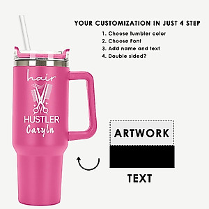 LifGif Hair Hustler Personalized Tumbler 40 oz Laser Engraved, Insulated Cup with Handle, Lid and Straw, Custom Tumbler Hair Stylist Graduation Gift for Men Women Friend Stainless Steel Coffee Cup