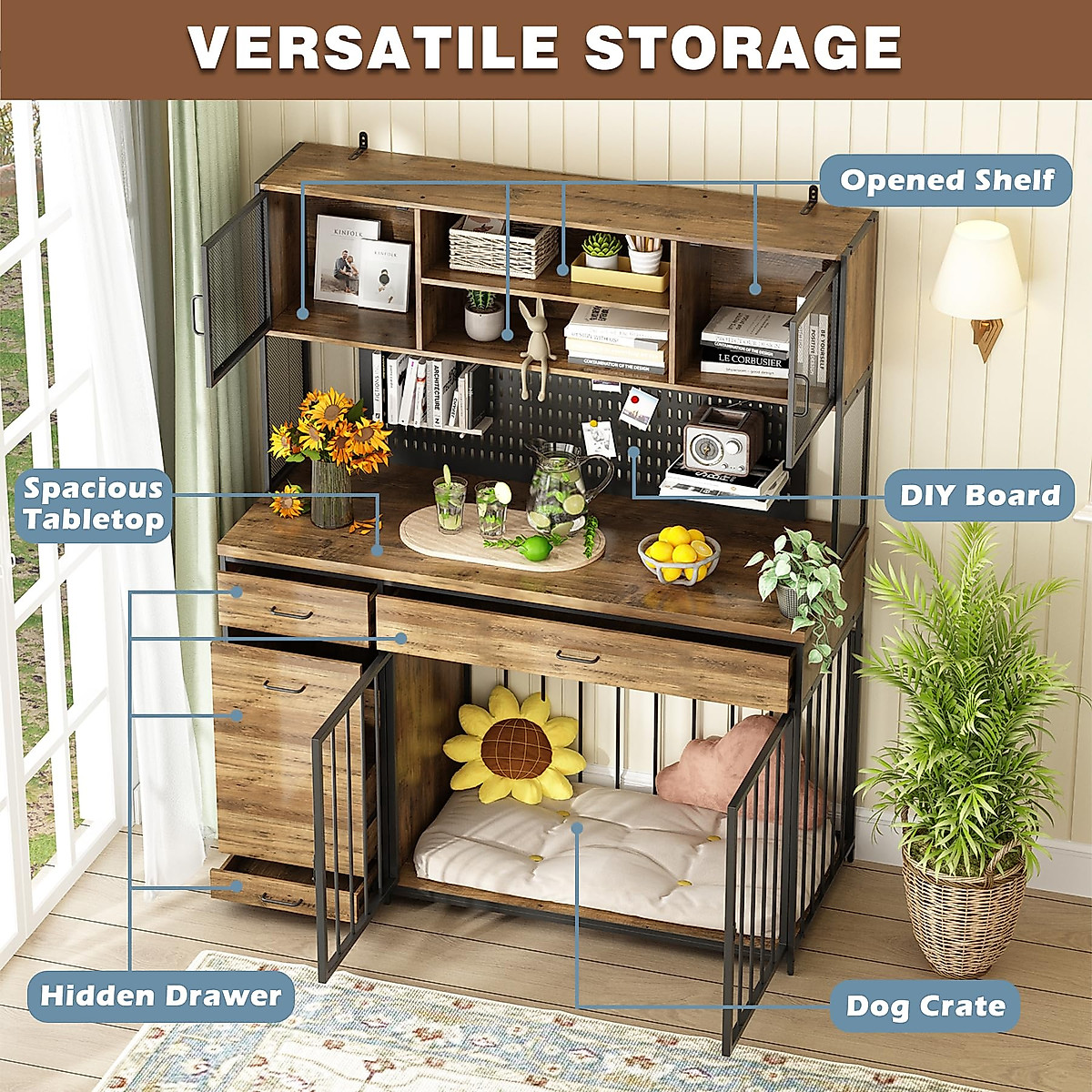 MOOLIVE Large Dog Crate Furniture with Storage, Wooden Dog Crates Kennel Furniture Kitchen Pantry Laundry Garage Storage Cabinet with Drawers, Storage Shelves for Small, Medium and Large Dog