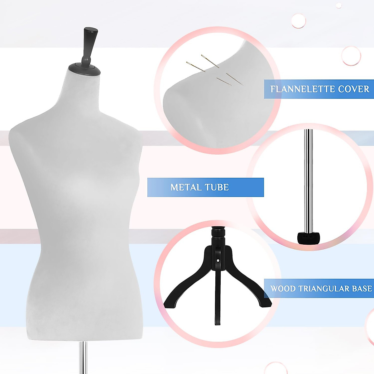 Female Mannequin Body,60-67 inch Dress Form Sewing Mannequin Torso Manikin with Wooden Tripod Base Stand Adjustable Mannequin for Sewing Clothes Display (White)