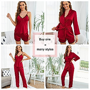 Arwser Women's Silk Satin Pajamas Set 4 Pcs Sleepwear Cami Top Pjs with Shorts and Robe Red