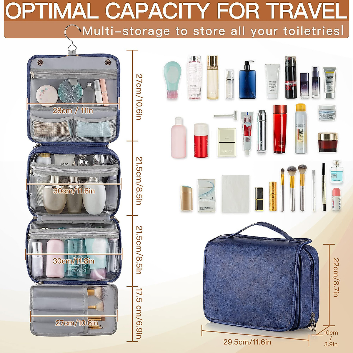 Elviros Toiletry Bag Hanging Travel Organizer for Men and Women, 3 in 1 Multifunctional Large Makeup Cosmetic Case for Toiletries Accessories, Water-resistant PU Leather Bathroom Dopp Kit Shaving Bag