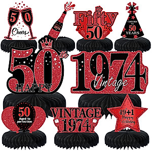 9Pcs 50th Birthday Decorations Red and Black 50th Birthday Party Decorations for Women,Happy 50 Years Birthday Vintage 1974 Aged Honeycomb Centerpieces Table Sign Decor Supplies