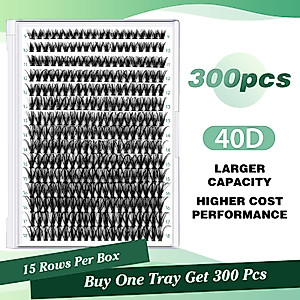 Lash Clusters 300Pcs Individual Lashes 40D 0.07D Curl 9-18MMIX Lash Extensions Clusters Lashes Soft&Natural False Eyelashes Individual DIY Eyelash Extension at Home(40D-0.07D,9-18MIX)