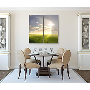 Christian Wall Art Cross Decor - Religious Cross / Light of God Canvas Art 2 Piece Set - Decorative Split Artwork Picture, Spiritual Christian Decor Print for Home, Living Room, Bedroom, Office & Gift