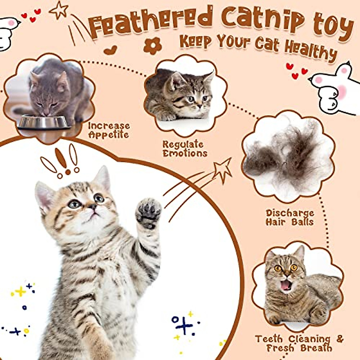 HyDren 6 Pcs Interactive Cat Toy Catnip Feather Ball Compressed Natural Catnip Lollipop Natural Cat Kicker with Feathers for Kitty