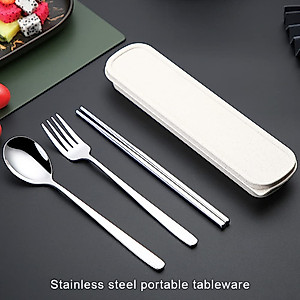 Xihuimay 3pcs Stainless Steel Chopsticks Fork Spoon Set with Travel Case Non-Slip Tabeware Pack Metal Portable Flatware Set Utensils Chinese Japanese Korean for Cooking Eating Dishwasher Safe, White