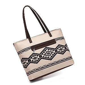 Wrangler Tote Purse Bag Aztec Canvas Shoulder Bags Native American Western Handbags for Women Genuine Leather Strap Hobo Bag WG53-8112TN