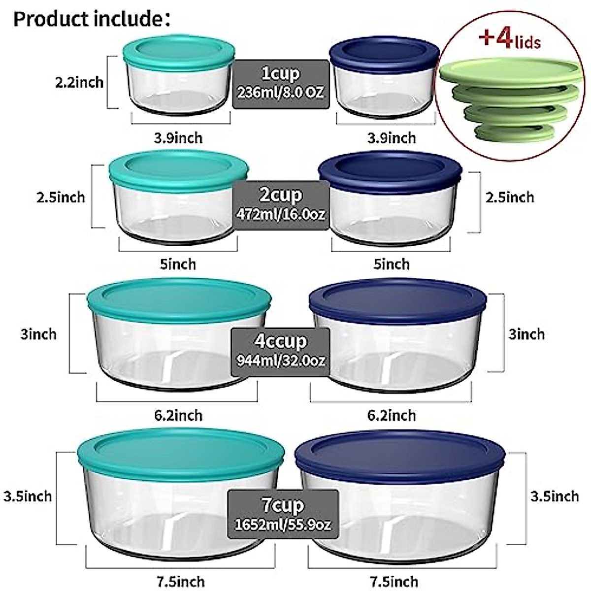 AILTEC Glass Food Storage Containers with Lids, Glass Meal Prep Containers for Lunch, ８Pack Reusable Round Container Set with Simply Lid/B