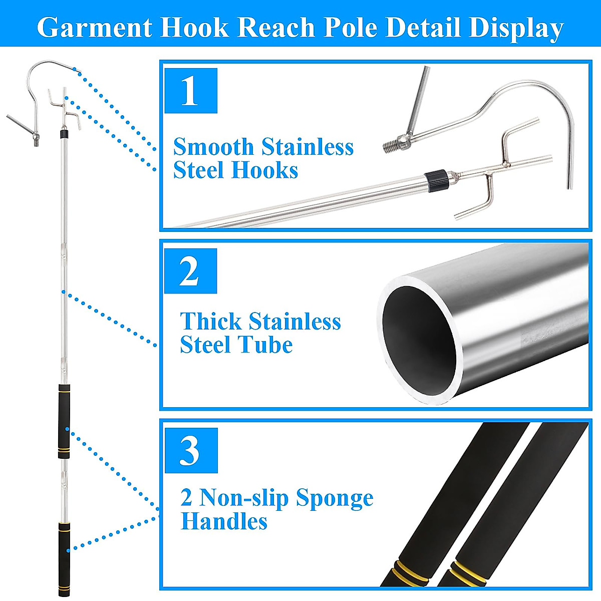 Frebuta Clothes Hook Pole Heavy Duty,32 to 65Inch High Reach Garment Hook 2 Hooks for Hanging Birdfeeder Stainless Steels Tube Extension Pole with Hook for Reaching to Reach High Hangers