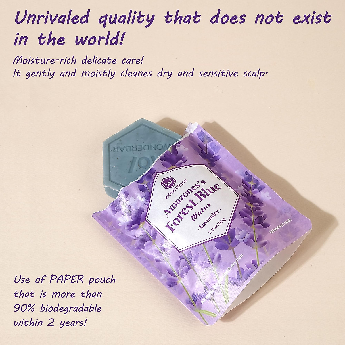 WONDERBAR101 Dry Hair and Itching Scalp Dandruff Shampoo Bar – plant-based, pH balanced, Eco-friendly, Plastic Free Packaging (Lavender)