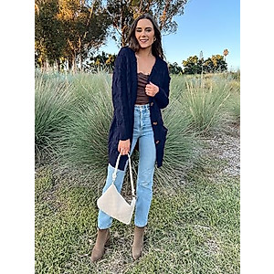 MASCOMODA Long Cable Knit Cardigans for Women 2024 Trendy Oversized Boyfriend Button Front Winter Sweater Coats with Pockets(Navy,Small)