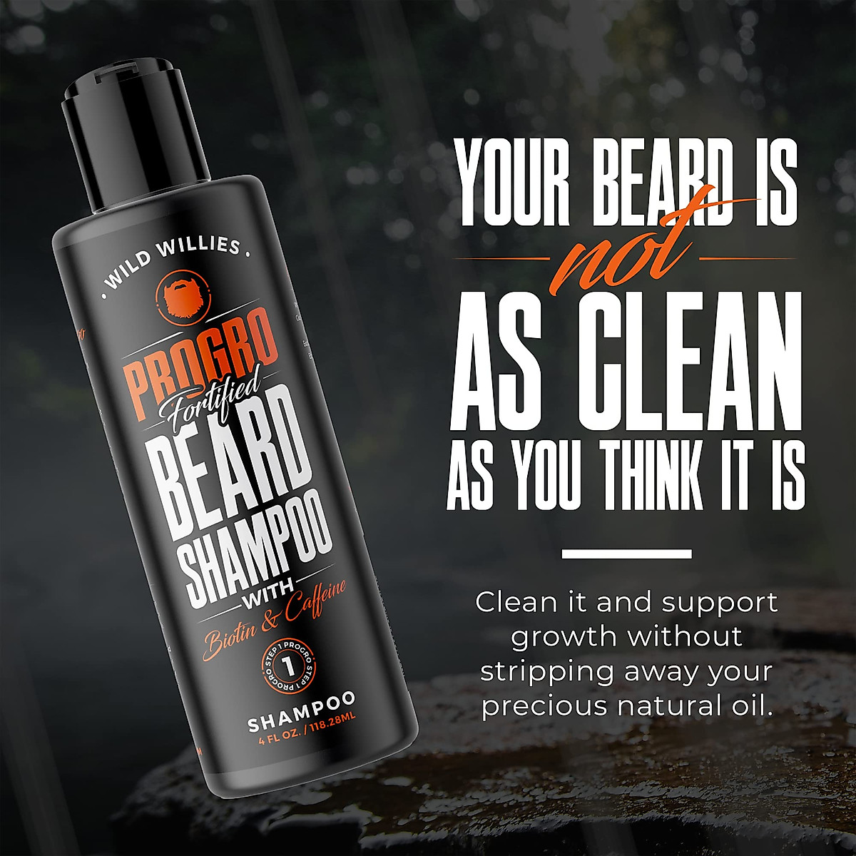 Wild Willies PROGRO Beard Growth & Moisturizing Shampoo Fortified with Biotin & Caffeine for Facial Hair Growth, Hydration & Softener - Strengthens Follicles for Healthy Looking Beard, 4oz