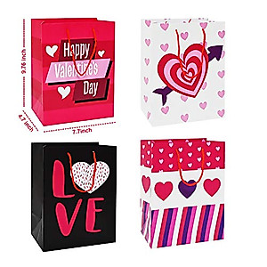 JOYIN 8 Pcs Valentines Day Gift Bags with Filling Paper in 4 Designs for Kids Party Favor Supplies Paper Wrapping Kraft Bags with Colorful Heart shaped Design