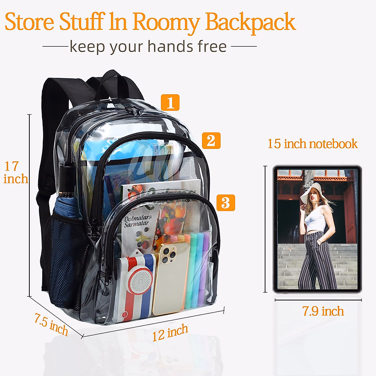 KUI WAN Clear Backpack Heavy Duty,Large Clear Bag PVC Transparent Bag for Stadium,School,Black