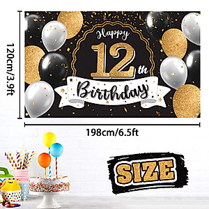 Nelbiirth Happy 12th Birthday Black & Gold Large Photo Banner - Cheers to Twelve Years Old Birthday Home Wall Photoprop Backdrop, 12th Birthday Party Decoration.