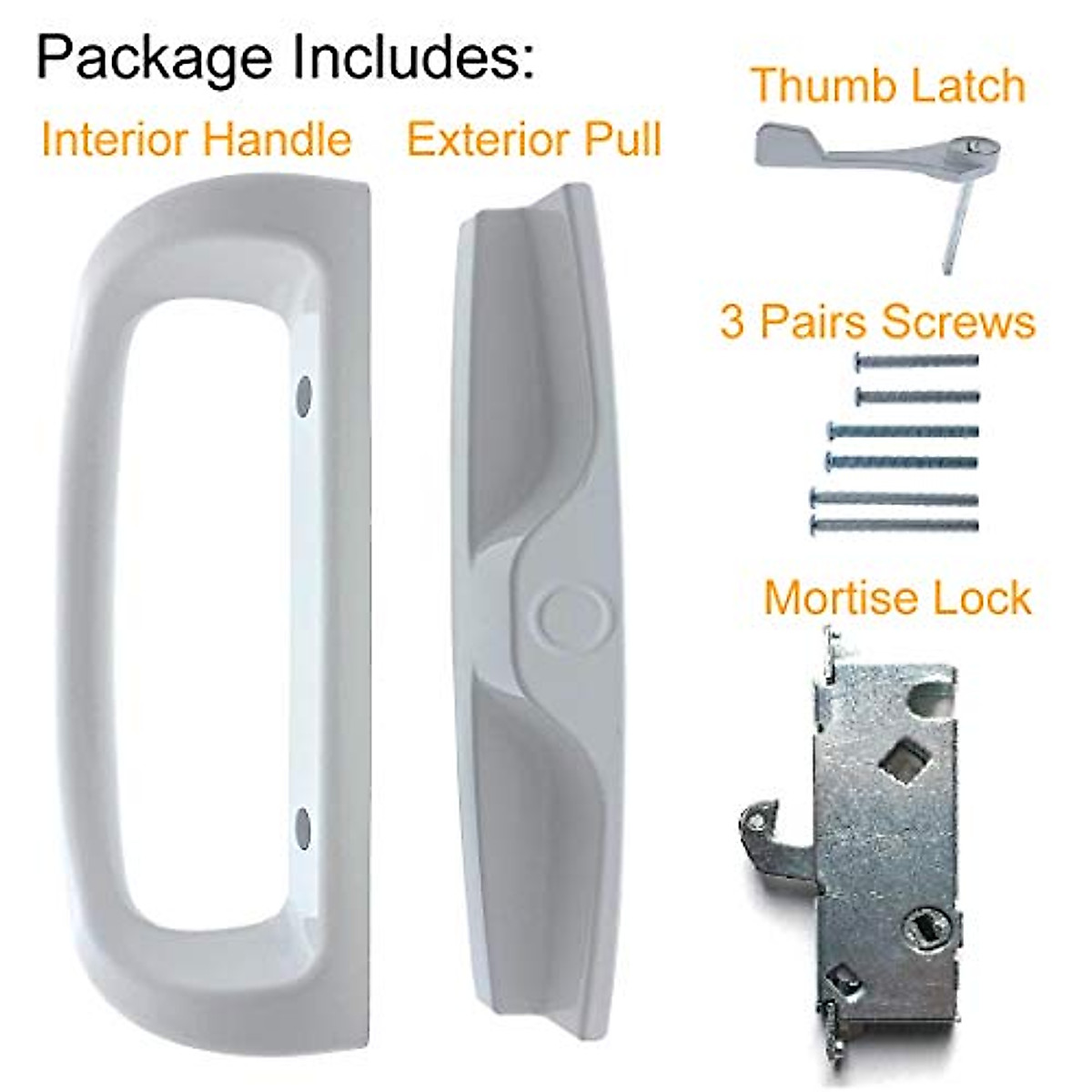 Patio Door Handle Set + Mortise Lock 45° Perfect Replacement for Sliding Glass Door Fits 3-15/16” Screw Hole Spacing, Non-keyed with Latch Locks,White Diecast,Reversible Design(Non-Handed)