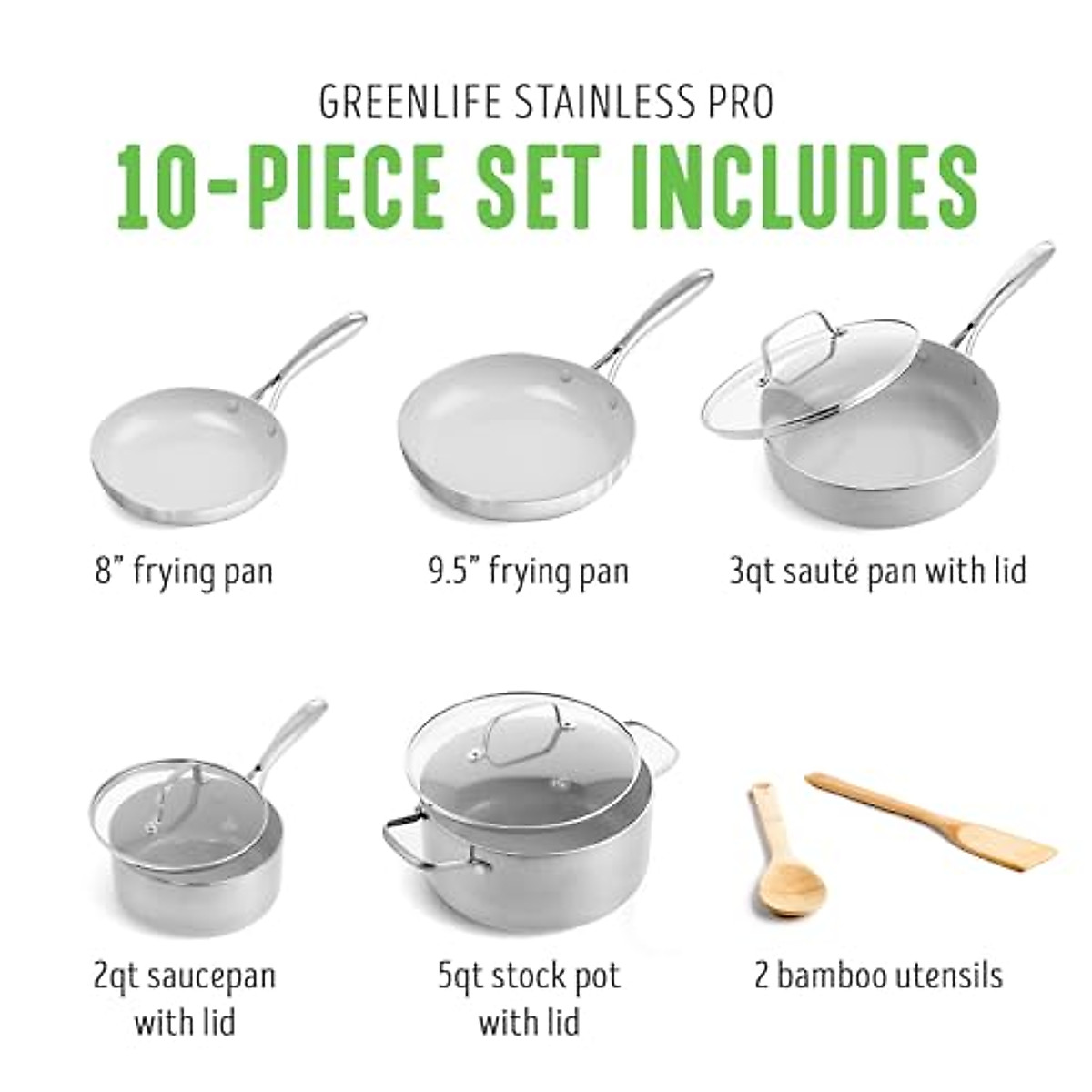 GreenLife Tri-Ply Stainless Steel Healthy Ceramic Nonstick, 10 Piece Cookware Pots and Pans Set, PFAS-Free, Multi Clad, Induction, Dishwasher Safe, Oven Safe, Silver