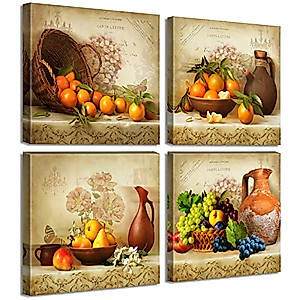 JiazuGo Kitchen Wall Decor Canvas Art for Dining Room Vintage Theme Fruit Pictures Farmhouse Rustic Signs Paintings Bar Accessories Realism Colorful Framed Decorations 4 Pcs/Set