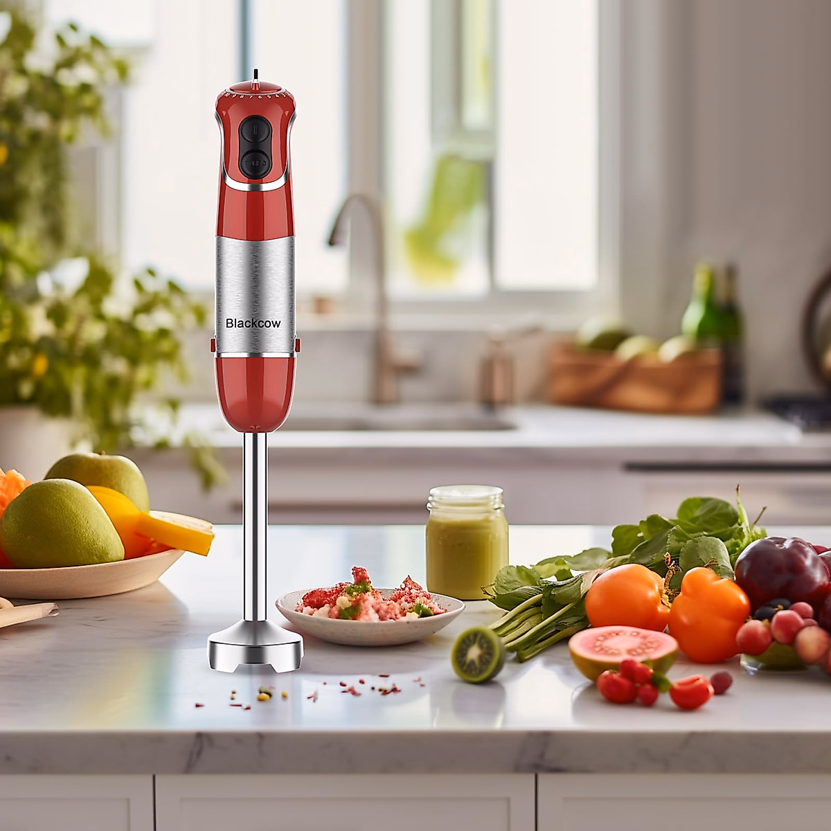 Blackcow Powerful Immersion Blender 3.0, BPA-Free, 800W Electric Hand Blender with 12-Speed&Turbo, Stick Blender for Soup, Smoothie, Puree, Detachable Base, 304 Stainless Steel 3D Blades, Red