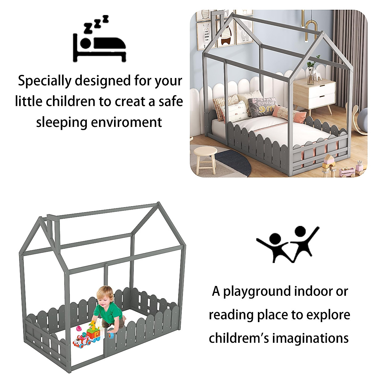 Harper & Bright Designs Twin House Bed Frame for Kids, Montessori Floor Bed Twin with Fence-Shaped Rails, Wood Twin Floor Bed Frames for Girls, Boys(Twin,Grey)