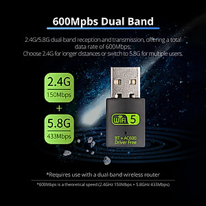 USB WiFi Bluetooth Adapter, 600Mbps Dual Band 2.4/5GHz Wireless Network Card, USB WiFi Dongle for PC/Laptop/Desktop, Support Windows XP/7/8.1/10