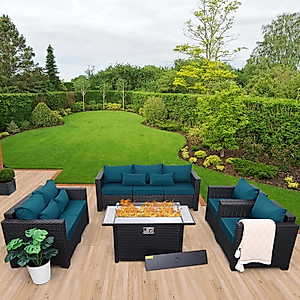 Patio Furniture Set with 45In Fire Pit 5 Pieces Outdoor Furniture Sets Patio Couch Outdoor Chairs 60000 BTU Wicker Propane Fire Pit Table with No-slip Cushions and Waterproof Covers, Peacock Blue