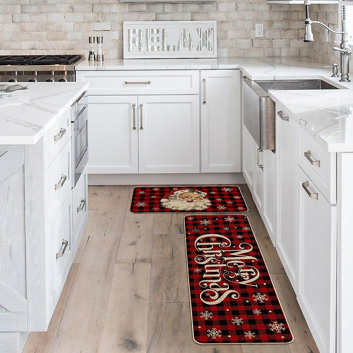 Artoid Mode Buffalo Plaid Snow Santa Claus Christmas Kitchen Rugs Set of 2, Winter Low-Profile Floor Mat Merry Christmas Decorations for Home Kitchen - 17x29 and 17x47 Inch