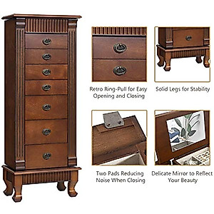 HOMGX Cabinet Chest, Makeup Mirror and Top Divided Storage Organizer, Large Standing Jewelry Armoire with 7 Drawers, 2 Swing Doors, 12 Necklace Hooks