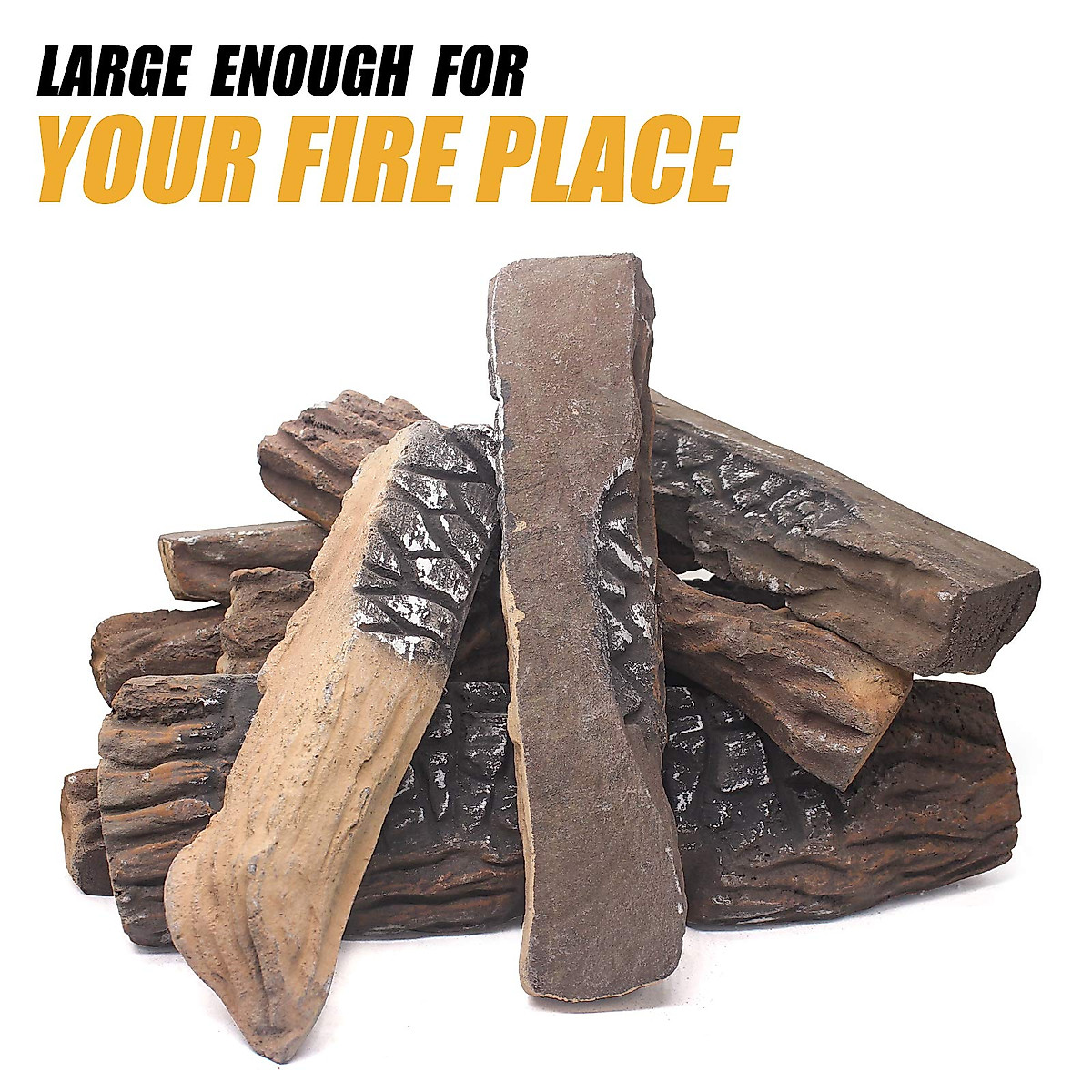 Gas Fireplace Logs,10pcs Large Faux Firepit Logs, Decorative Ceramic Wood Log Set for Indoor Outdoor Gas Insets, Vented,Ventless, Electric,Ethanol,Gel Fireplaces