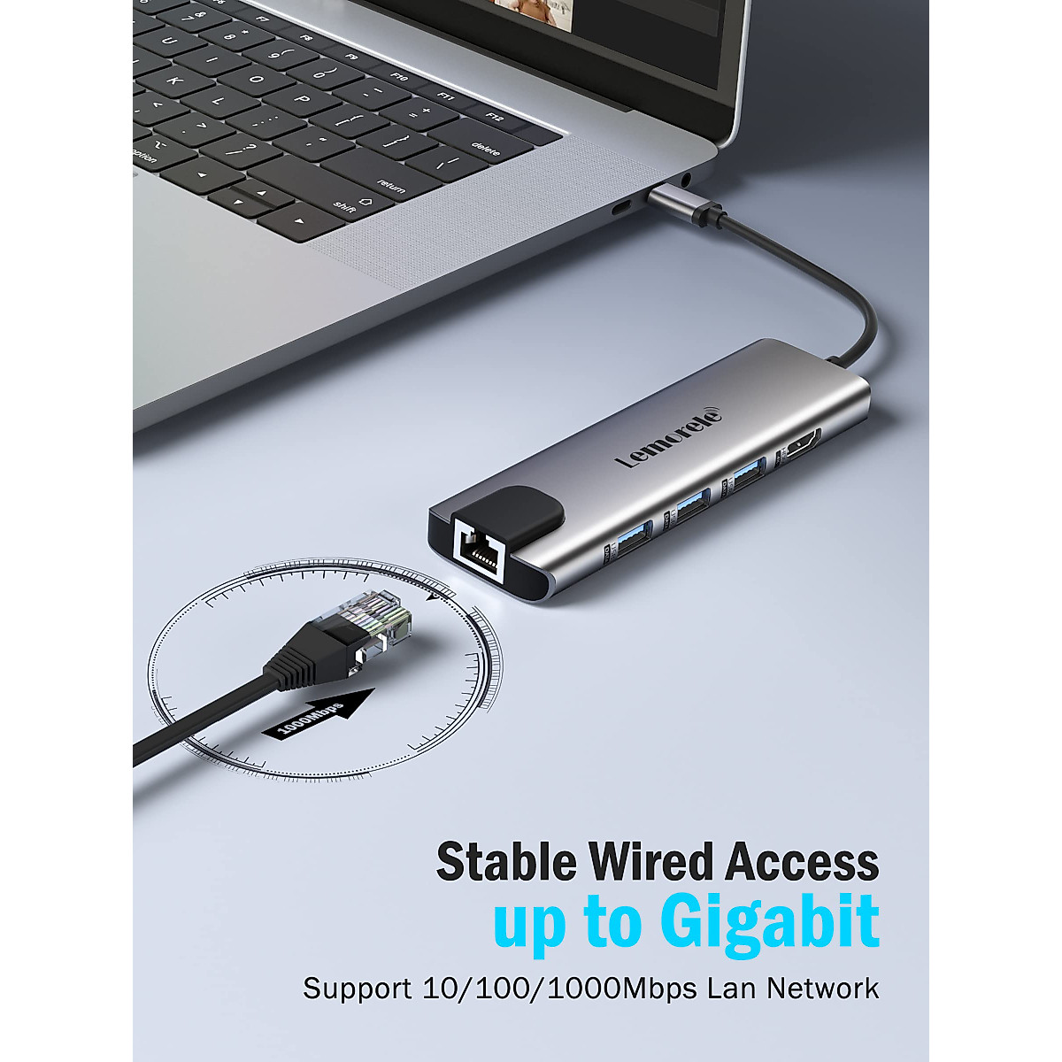 Lemorele USB C Hub Multiport Adapter 9 in 1 w/Gigabit Ethernet, 100W PD, HDMI 4K, 3 USB 2.0, 5Gbps USB C Data Port, SD/TF Card Reader, Dongle Docking Station for MacBook Lenovo HP Dell Laptops