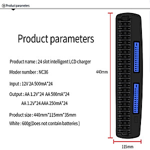 Tenberly 24 Slot LCD Smart Battery Charger for AA/AAA NiMH/NiCd Rechargeable Batteries Multiple Intelligent Battery Charger with AC Wall Adapter