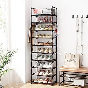 Fixwal 10 Tiers Shoe Rack for Closet, Tall Shoe Organizer Storage Shelf for 20-24 Pairs of Shoes and Boots, Narrow Metal Shoe Shelf with Hooks for Entryway Bedroom Hallway (Black)