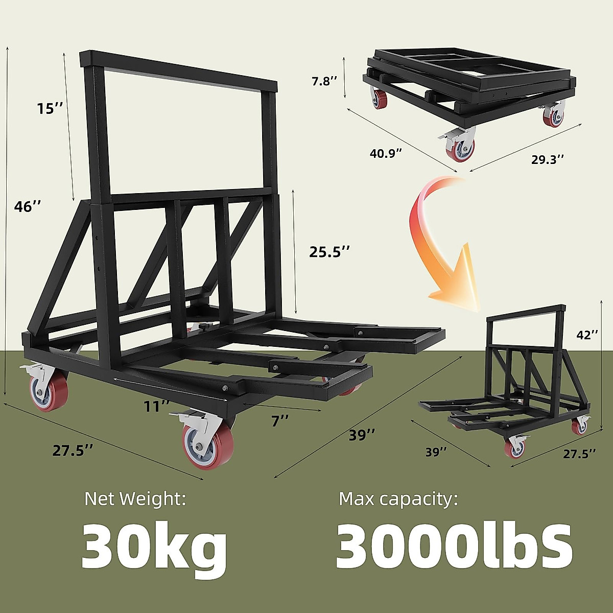Lomive Heavy Duty Drywall Cart 3000 lbs Capacity Folding Panel Dolly Handling Wall Panel, Sheetrock, Lumber, Glass, 4 Swivel Wheels and Expandable Rubber Pad Bracket - Black 2MM Thickness Plate