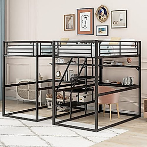 Merax Double Twin Over Twin Metal Bunk Bed with Shelves, and Storage Staircase, Metal Double Loft Bed Frame with Desk, Black