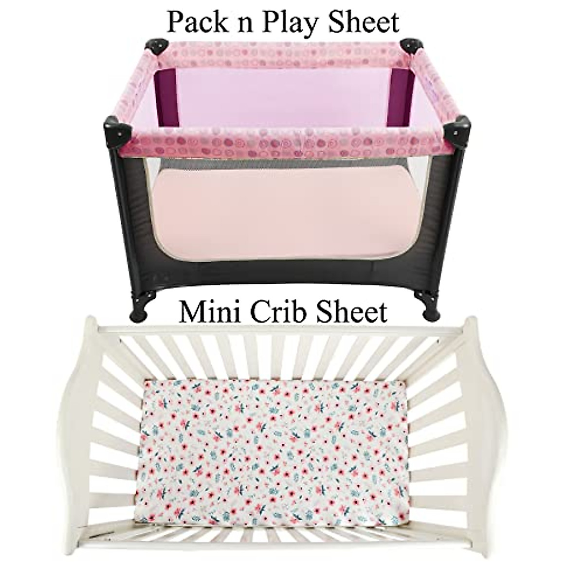 Tontukatu Pack n Play Sheet Stretchy Fitted Portable Mini Crib Sheets Set 3 Pack,Playard Sheets Convertible Playard Mattress Cover,Ultra Soft Jersey Material,Floral,Grey Rabbit & Pink
