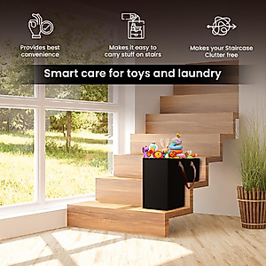 Home Tag Stair Baskets for Carpeted and Wooden Stairs - 16” L x 10” W x 16.5” H Foldable Staircase Basket with Leather Handles, Stair Step Storage Organizer for Home Office Decor (Black)