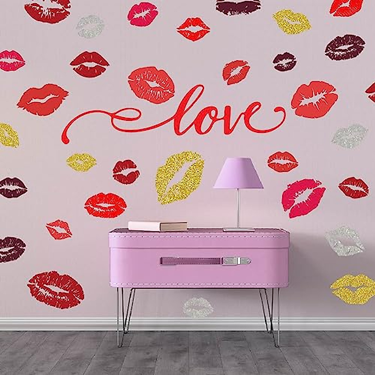 SUPERDANT Love Lips Wall Stickers 34PCS Red Silver Gold Brown Kisses Stickers Self-Adhesive Vinyl Wall Art Decals Valentine's Day Trendy for Home Living Room Girly Women's Bedroom Apartment Decor